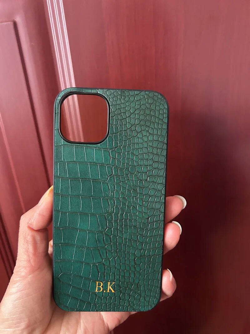 Роскошный персонализированный кожаный чехол с инициалами под EY-DarkGreen-D6, for iPhone 16