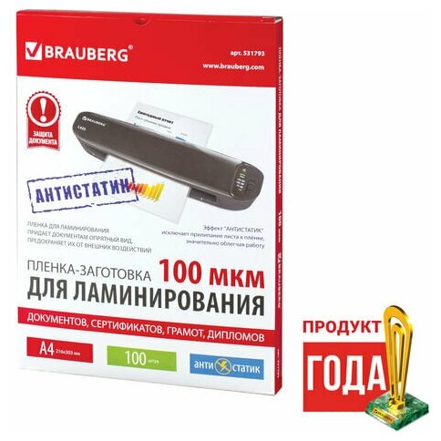 Пленки-заготовки для ламинирования антистатик, А4, комплект 100 шт, 100 мкм, BRAUBERG