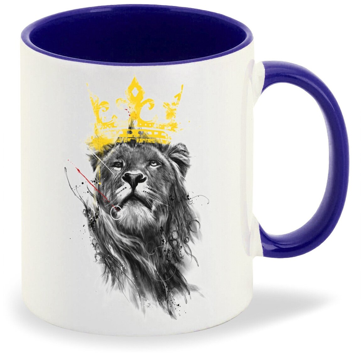 Кружка синий CoolPodarok Животные Лев с короной на голове кляксы