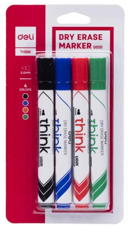 Набор из 24 штук Набор маркеров для досок Deli EU00101 Think круглый пишущий наконечник 2мм 4 цвета блистер (4 штуки)