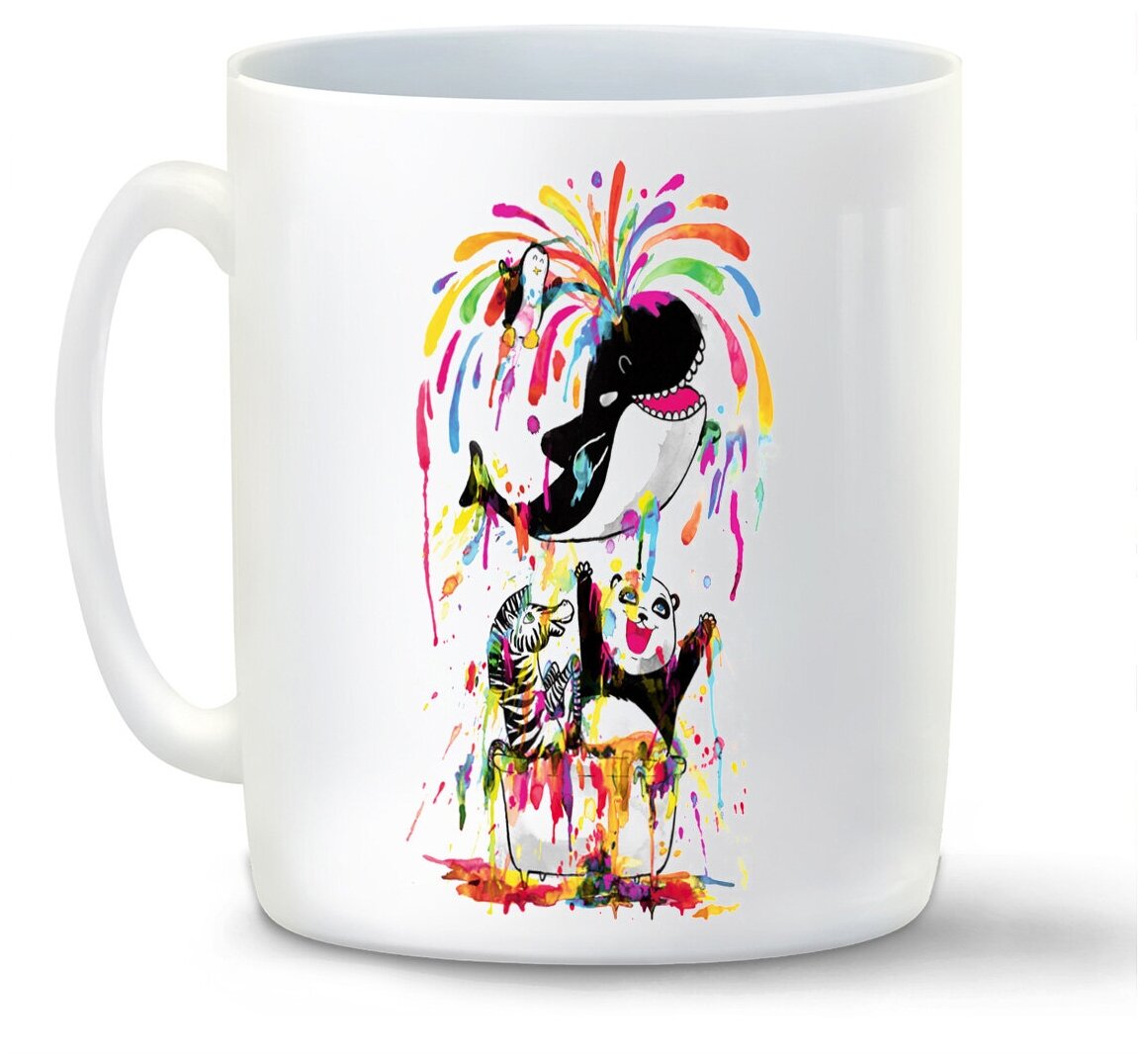 Кружка белая CoolPodarok Кит панда зебра пингвин краски арт