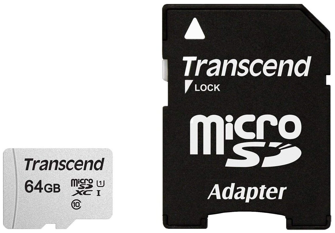 Карта памяти 64 Гб Micro SDXC Transcend Class 10 UHS-I U1 [TS64GUSD300S-A] с адаптером