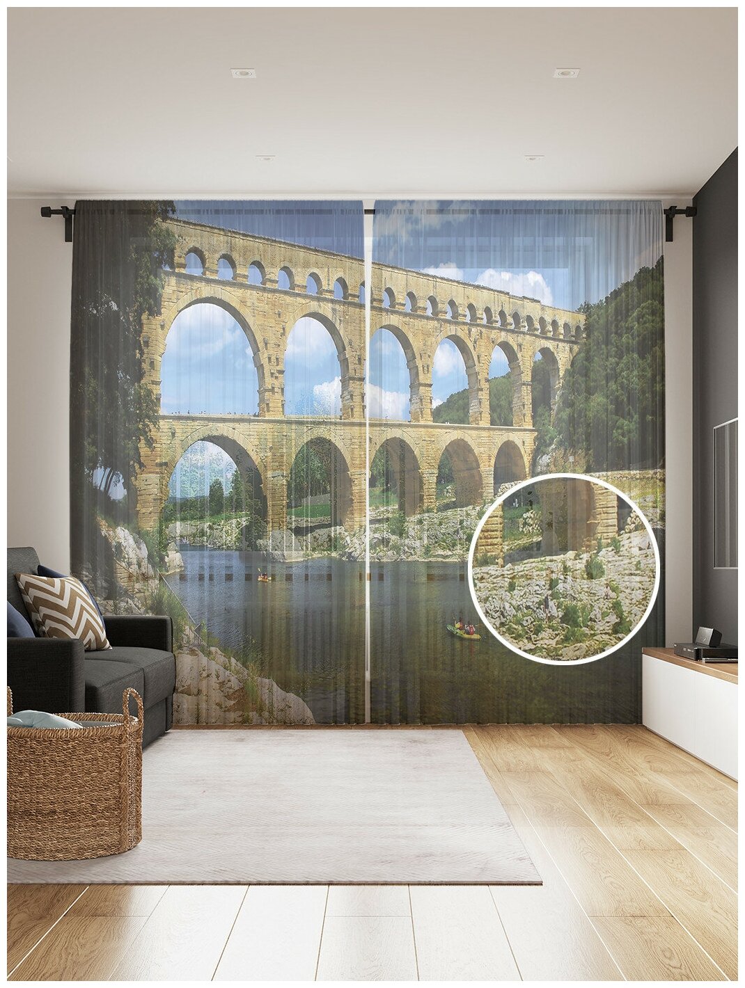 Тюль для кухни и спальни JoyArty "Двойной акведук", 2 полотна со шторной лентой шириной по 145 см, высота 265 см.