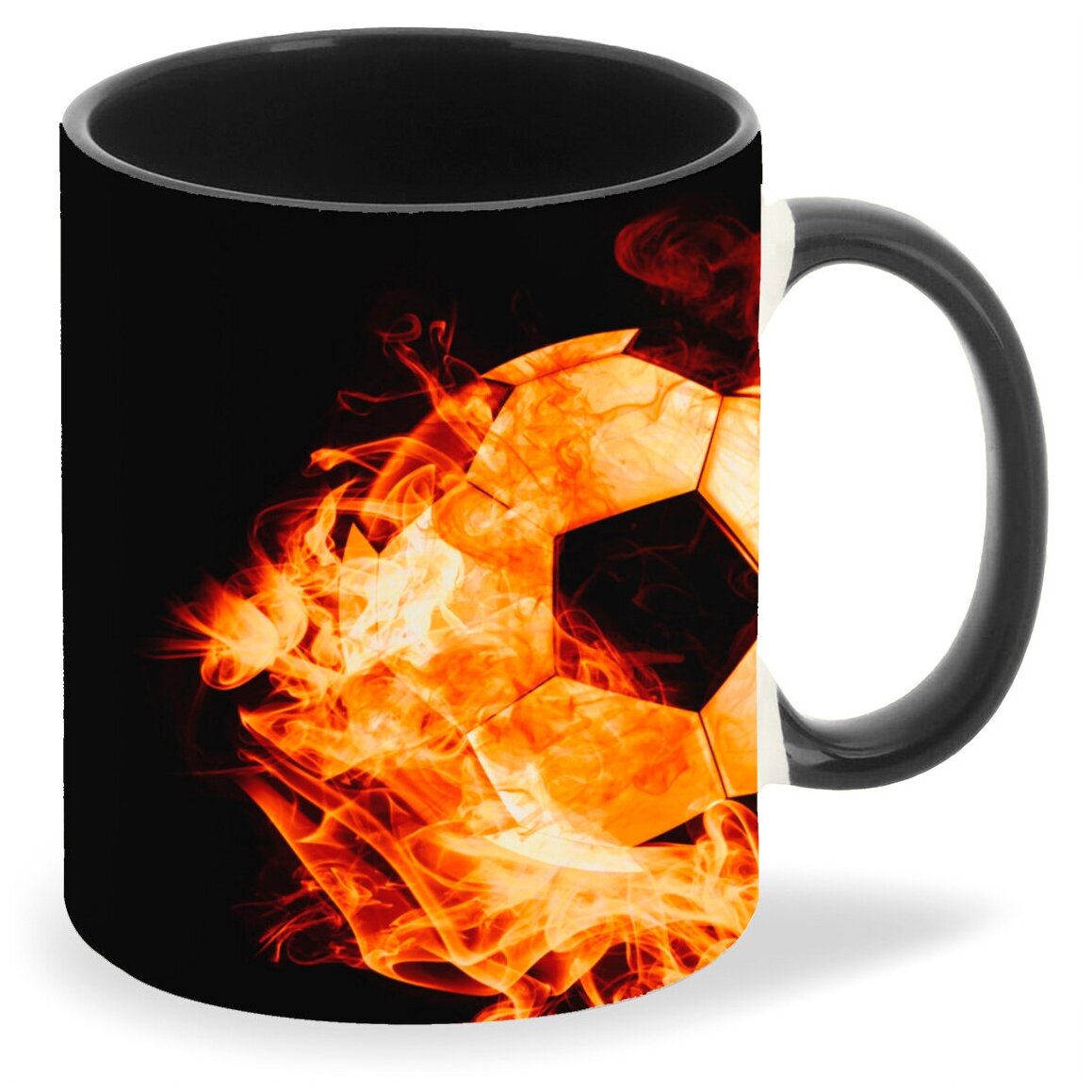 Кружка черная CoolPodarok Футбол Футбольный мяч в огне Чёрный фон