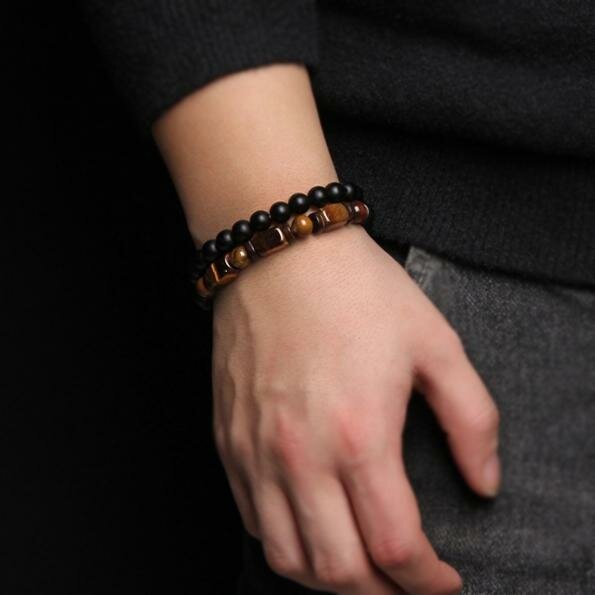 Набор браслетов, вулканическая лава, дерево, тигровый глаз