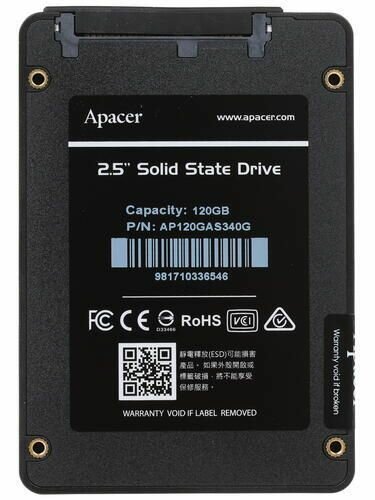 120 ГБ 2.5" SATA накопитель Apacer AS340 PANTHER (AP120GAS340G-1) - SATA, чтение - 550 Мбайт/сек, запись - 520 Мбайт/сек, 3D NAND, 3 бит TLC