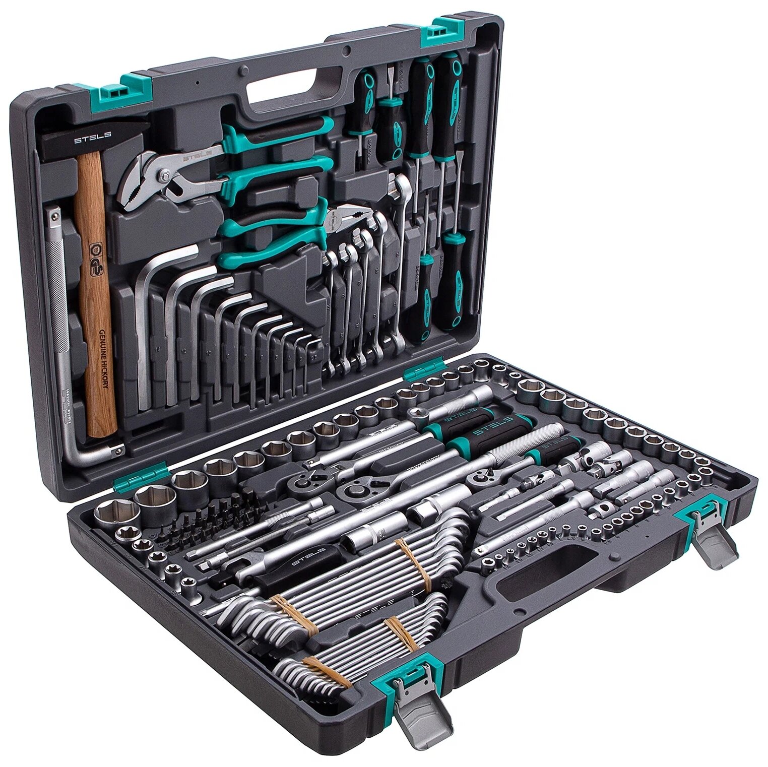 Набор инструментов в кейсе Stels Набор инструментов, 1/2",3/8", 1/4", CrV, пластиковый кейс 142 предм, Stels, 142 предм, серебристый