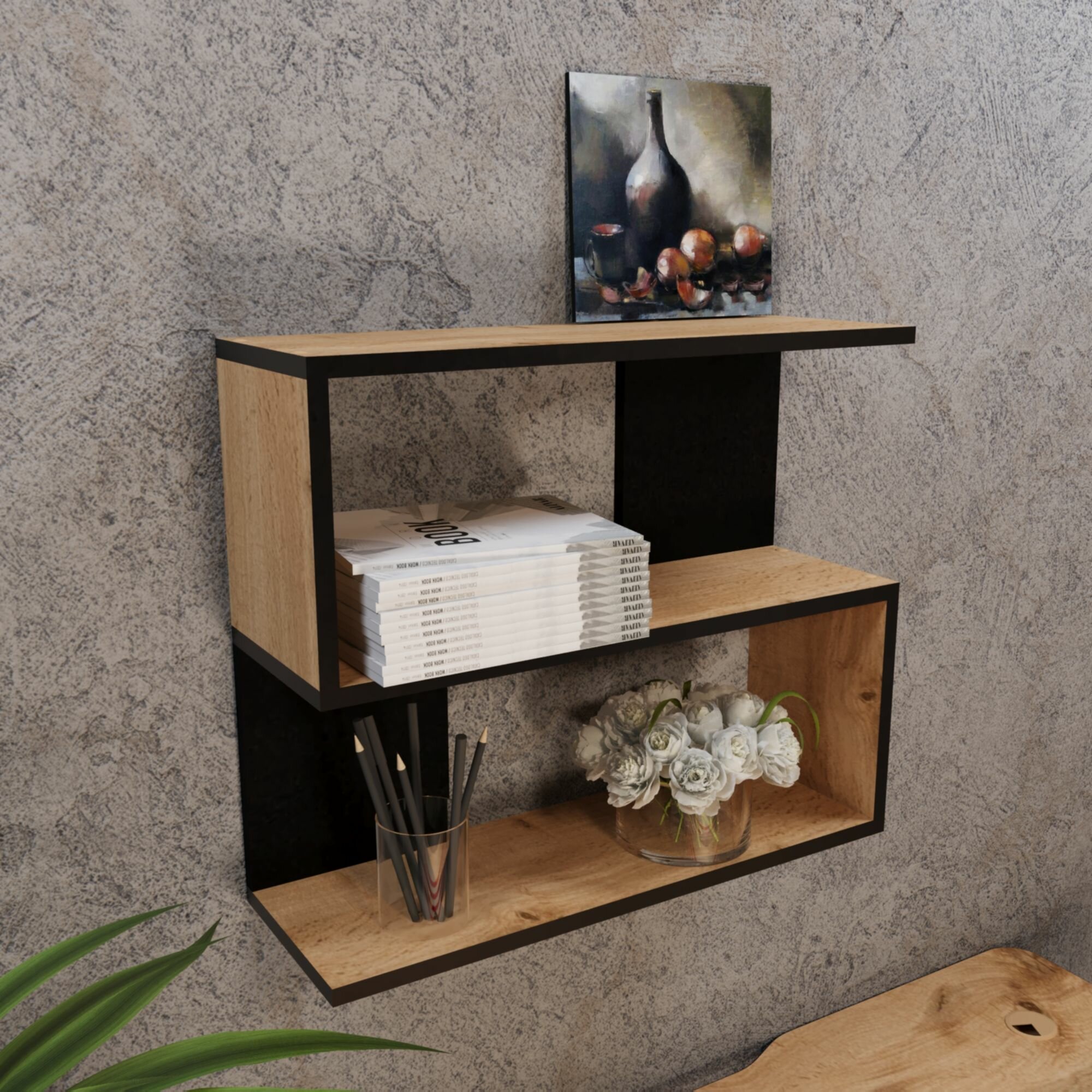 Полка настенная Сталкер, дуб вотан с чёрной кромкой