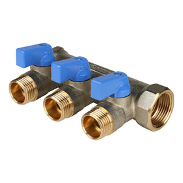 STOUT коллектор 3 выхода 3/4 х 1/2 НР с отсечными кранами и синими ручками для монтажа