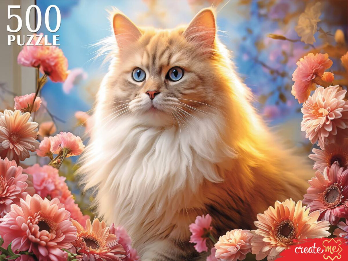 Пазл для взрослых Рыжий Кот 500 деталей: Кот в хризантемах