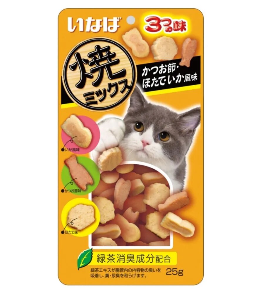 Лакомство INABA CIAO запеч. для кошек Yakimiksu ассорти вкус. кацуобуси, морск. гребешек, кальмар 25г
