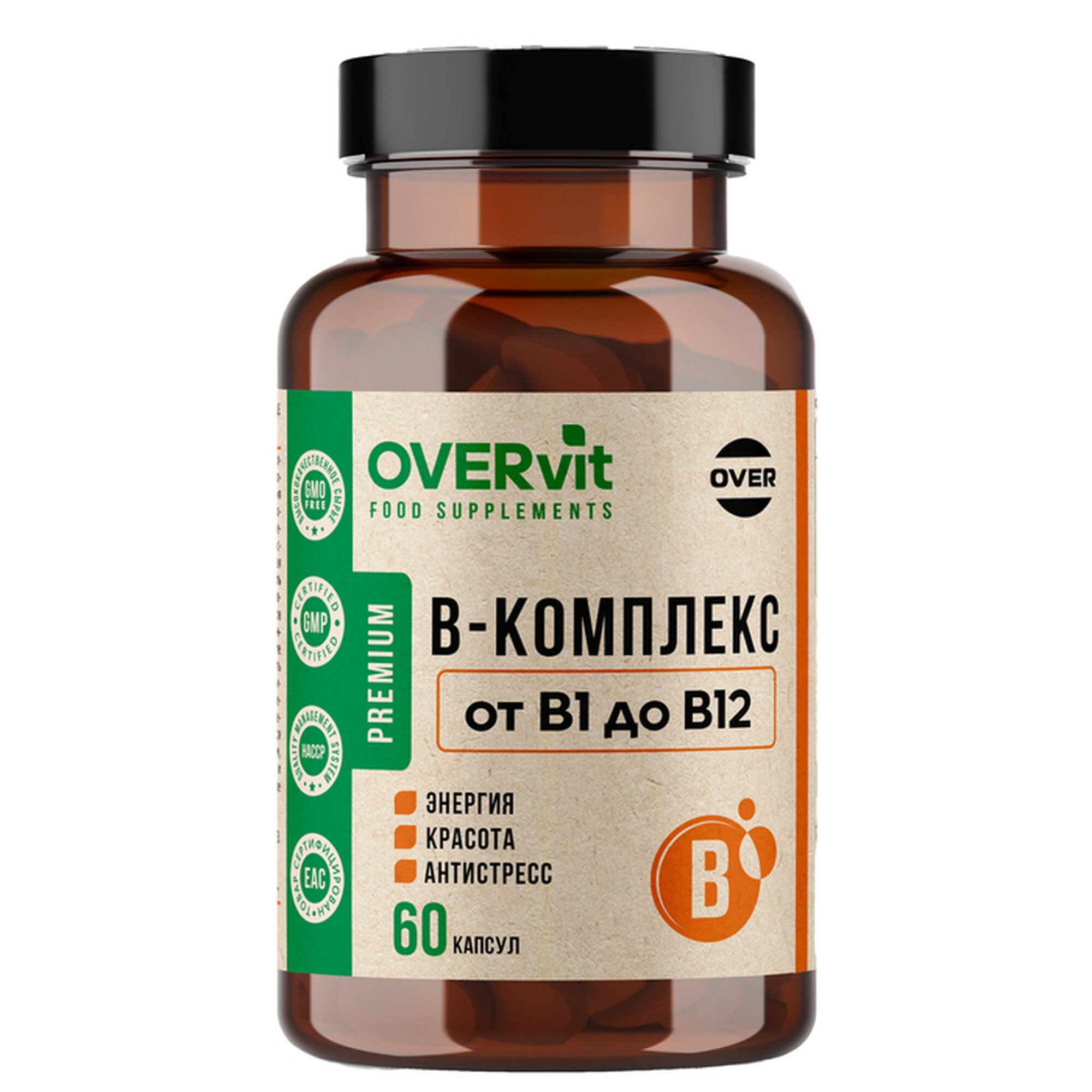 В-комплекс OVER, 60 капсул, для взрослых, общеукрепляющее, Россия