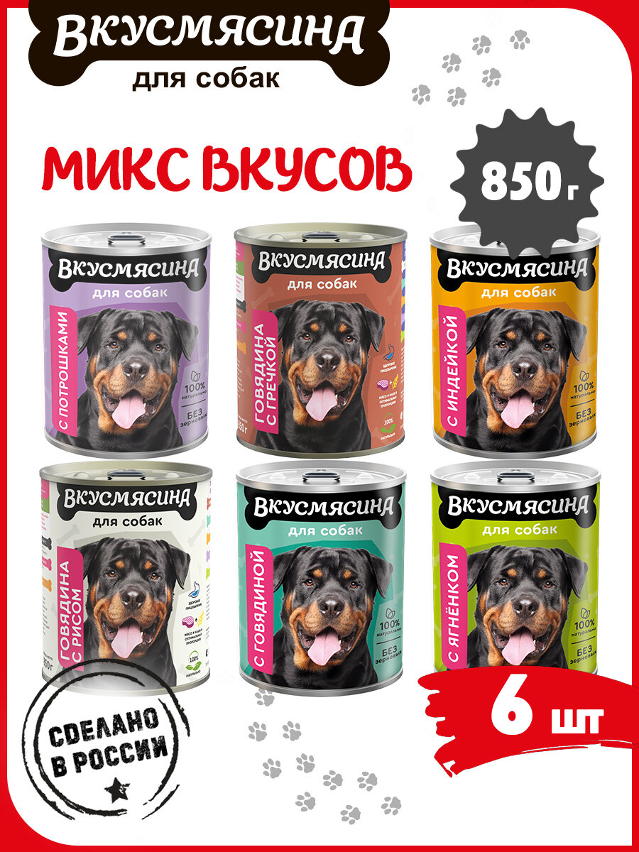 Корм для собак влажный, вкусмясина микс из 6 вкусов (гов, инд, потр, ягн, гов/гр, гов/рис), 850 г х 6 шт.