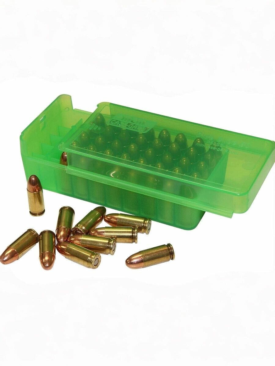 Коробка / кейс MTM Case-Gard P50SS-9M-16 для хранения 50 патронов калибра 9 мм (9mm Luger, 380 ACP, 9mm Макаров), зелёная с прозрачной сдвижной крышкой