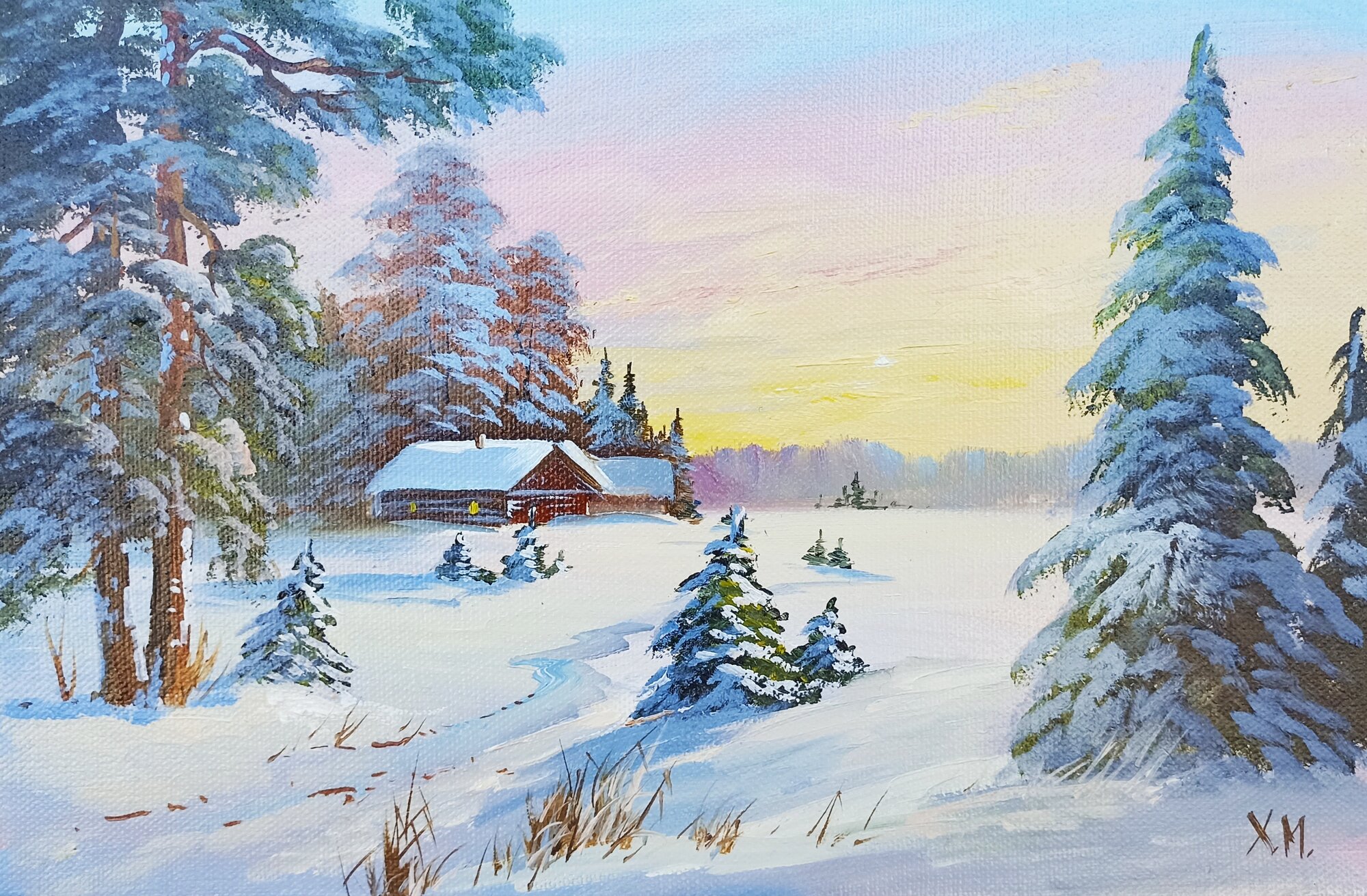 Картина масло/холст. 100% ручная работа, 100% живопись от Художественной мастерской Грëзы. Картина из серии "Зимние пейзажи". Деревенский домик. Сосны. Ели. Размер картины 20х30 см.