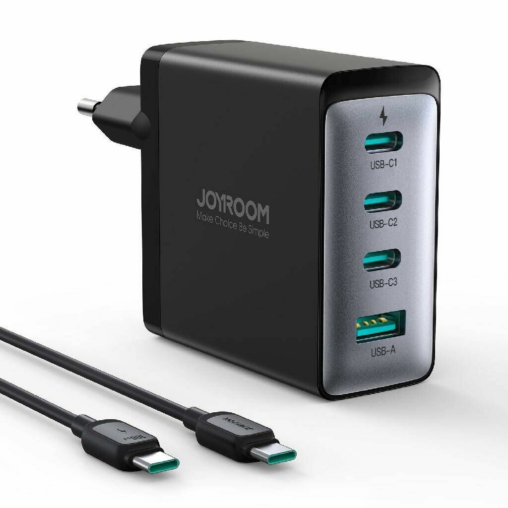 Сетевое зарядное устройство JOYROOM JR-TCG04 GaN 100W, USB C х 3, USB A 3.0, кабель Type C 1.2 м, цвет черный
