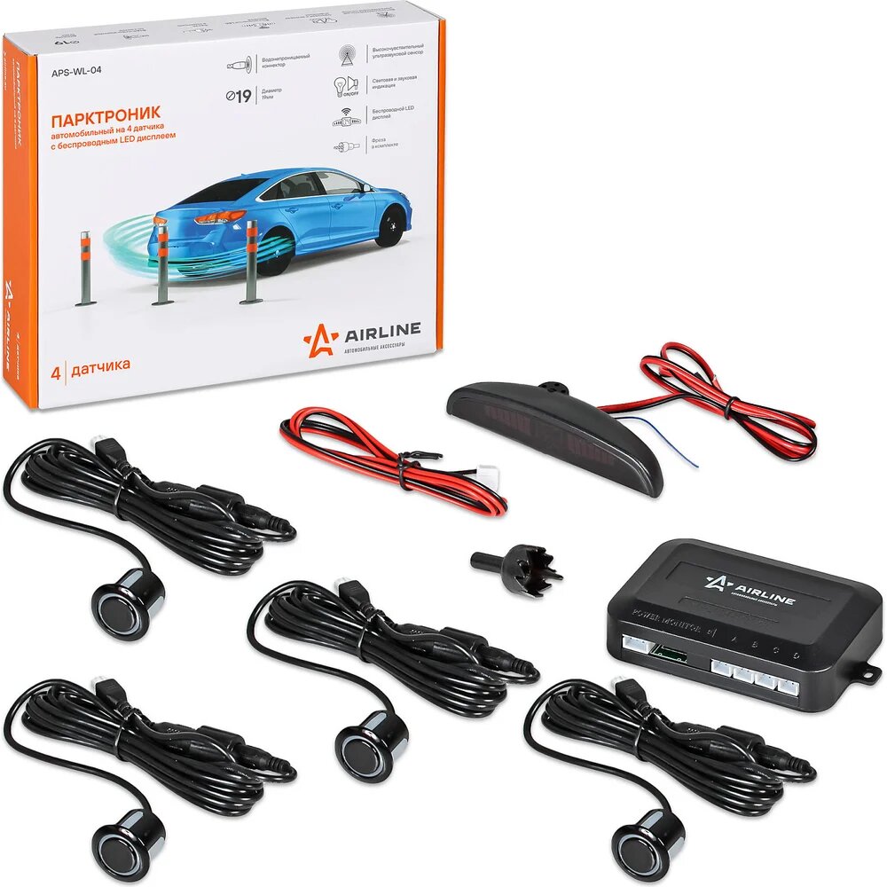 Парктроник на 4 датчика Airline черные, беспроводной LED дисплей APS-WL-04 для прокладки электрических сетей