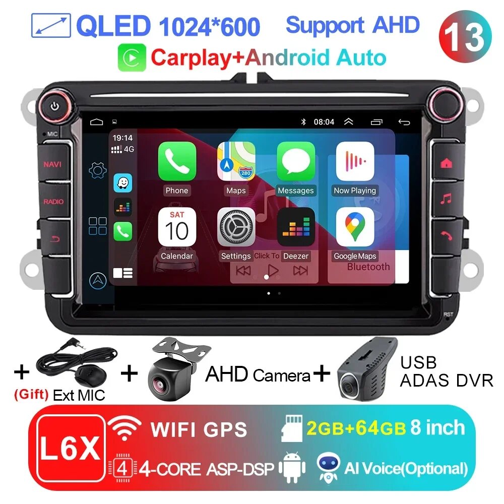 Автомагнитола Android 14, 8" L6X(2-64GB)CAM-DVR для VW/Golf/Passat