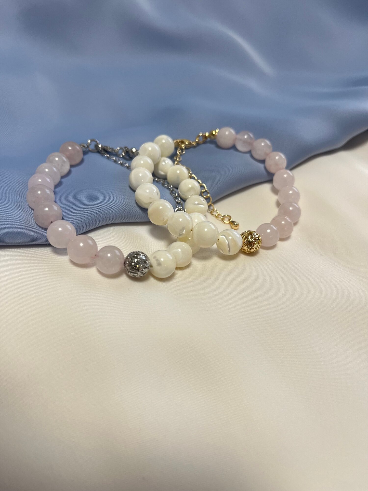 Браслет-цепочка, перламутр, кварц, перламутр синтетический, кварц розовый