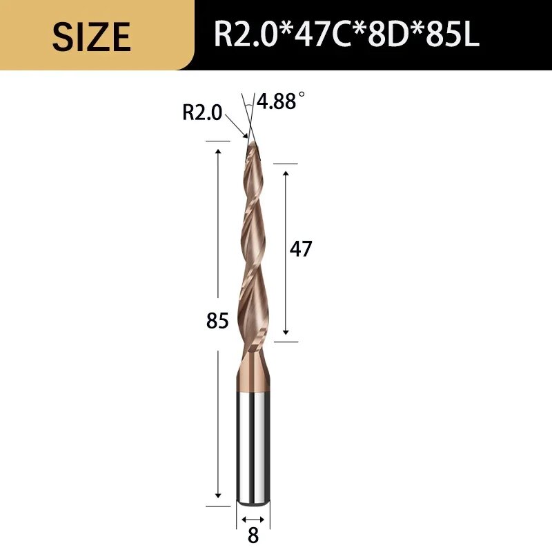 Vsharp Коническая сферическая фреза 6 мм 2-х канальная для 3D резки по дереву R2.0x47Cx8Dx85L