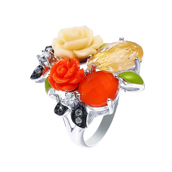 Кольцо, серебро, 925 проба, родирование, агат, циркон, силикон, кварц