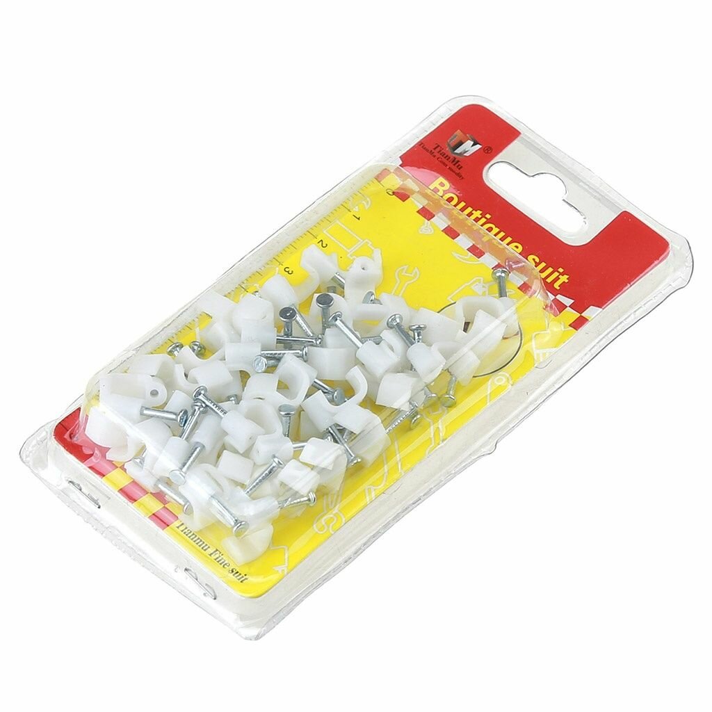 Скоба плоская КНР для крепления кабеля с гвоздем, 8 мм, 48 штук, пластик, металл, в блистере