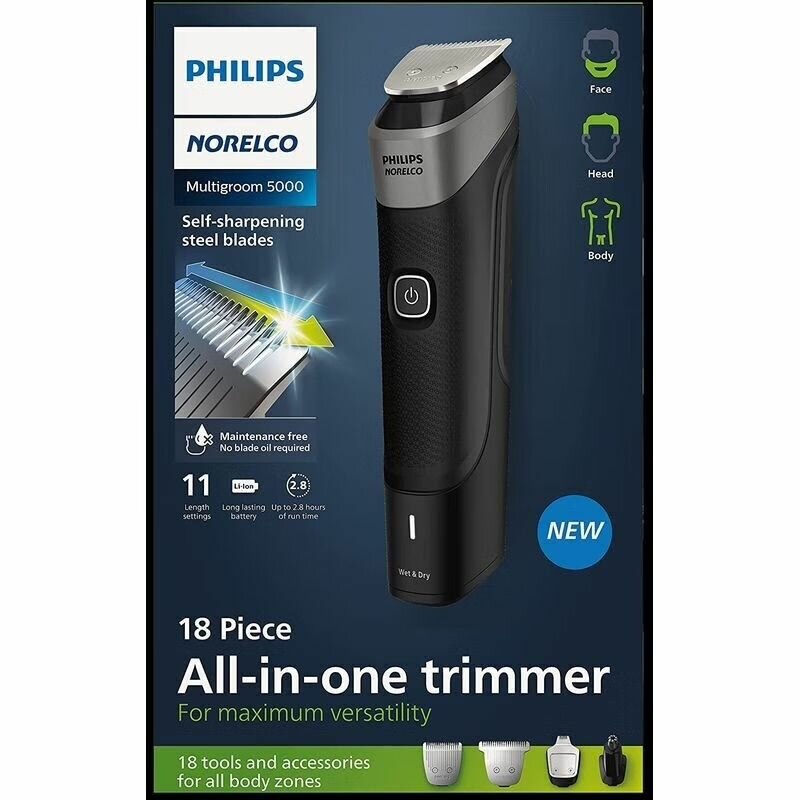 Philips Триммер для бороды и усов Philips Norelco мультитриммер Series 5000 MG5910/60, кол-во насадок 18