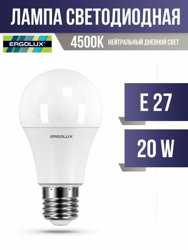 Ergolux ЛОН A65 E27 20W(1950lm 270°) 4500K 4K матовая 134x65 пластик/алюм. LED-A65-20W-E27-4K