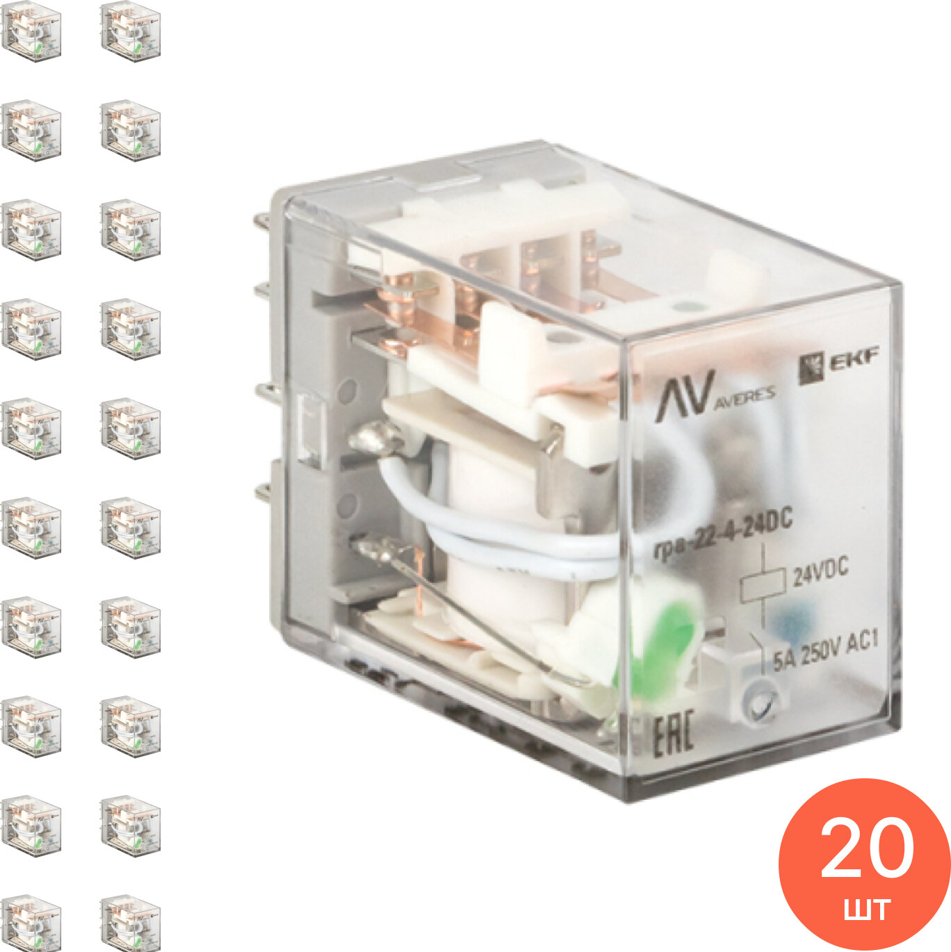 Реле промежуточное EKF / ЕКФ Averes RPA 22/4 с плоским штекерным разъемом, 20.3x28x35мм, 5А 24В DС, rpa-22-4-24DC / электрика (комплект из 20 шт)