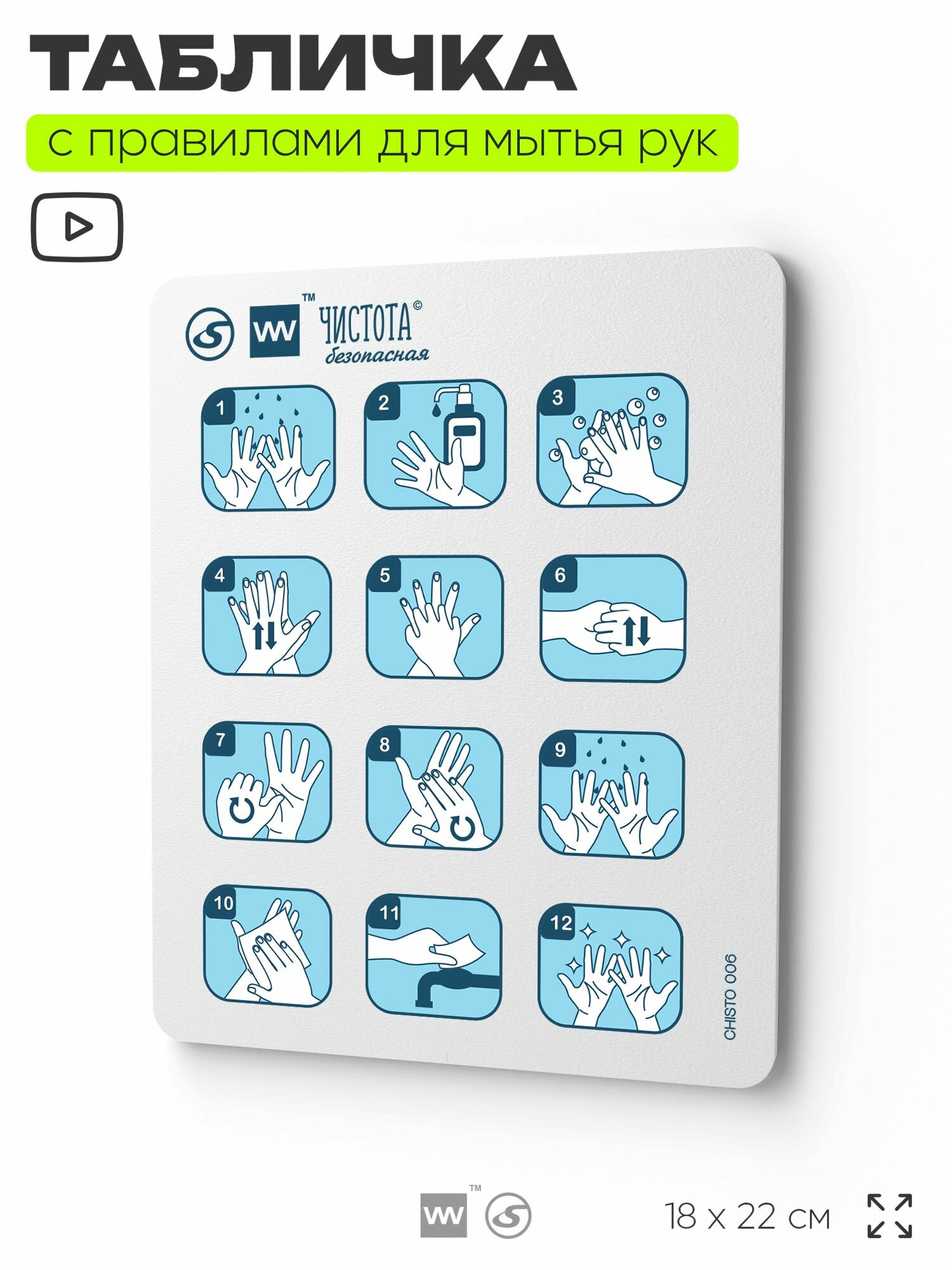 Табличка на стену "Как правильно мыть руки", информационная предписывающая, 18х22 см, пластиковая, SilverPlane x Айдентика Технолоджи