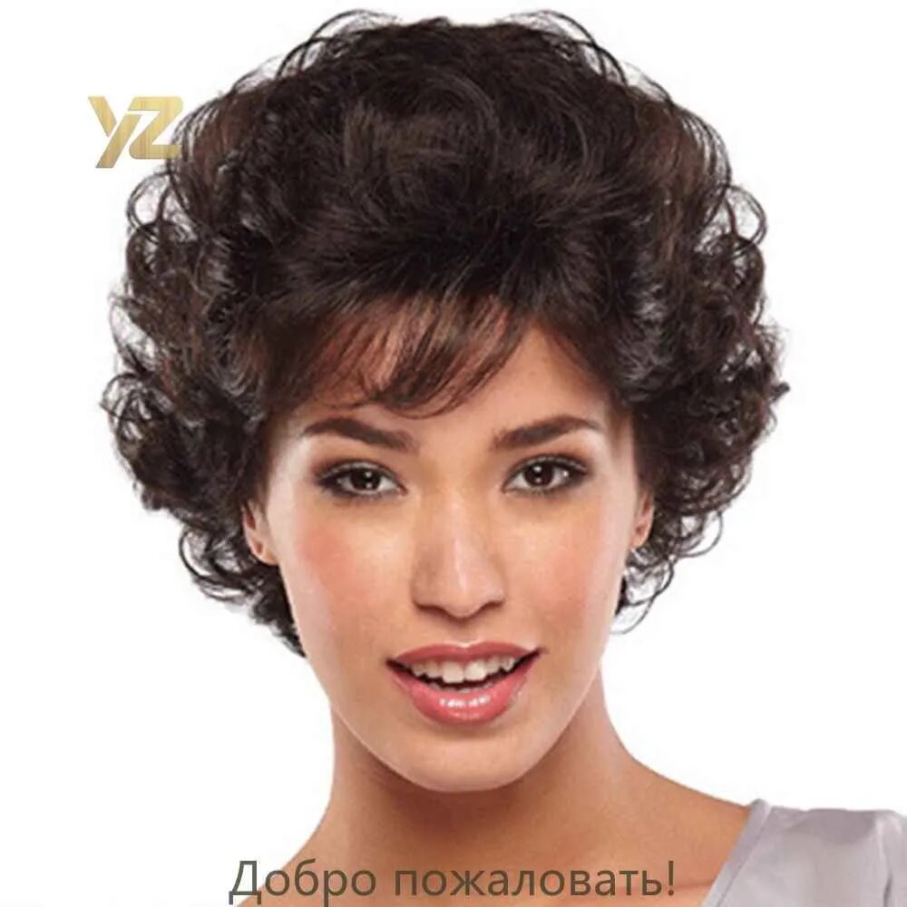 Парик Дамы Короткие Кудрявые Волосы, женский парик с челкой, натуральные волосы, цвет фото
