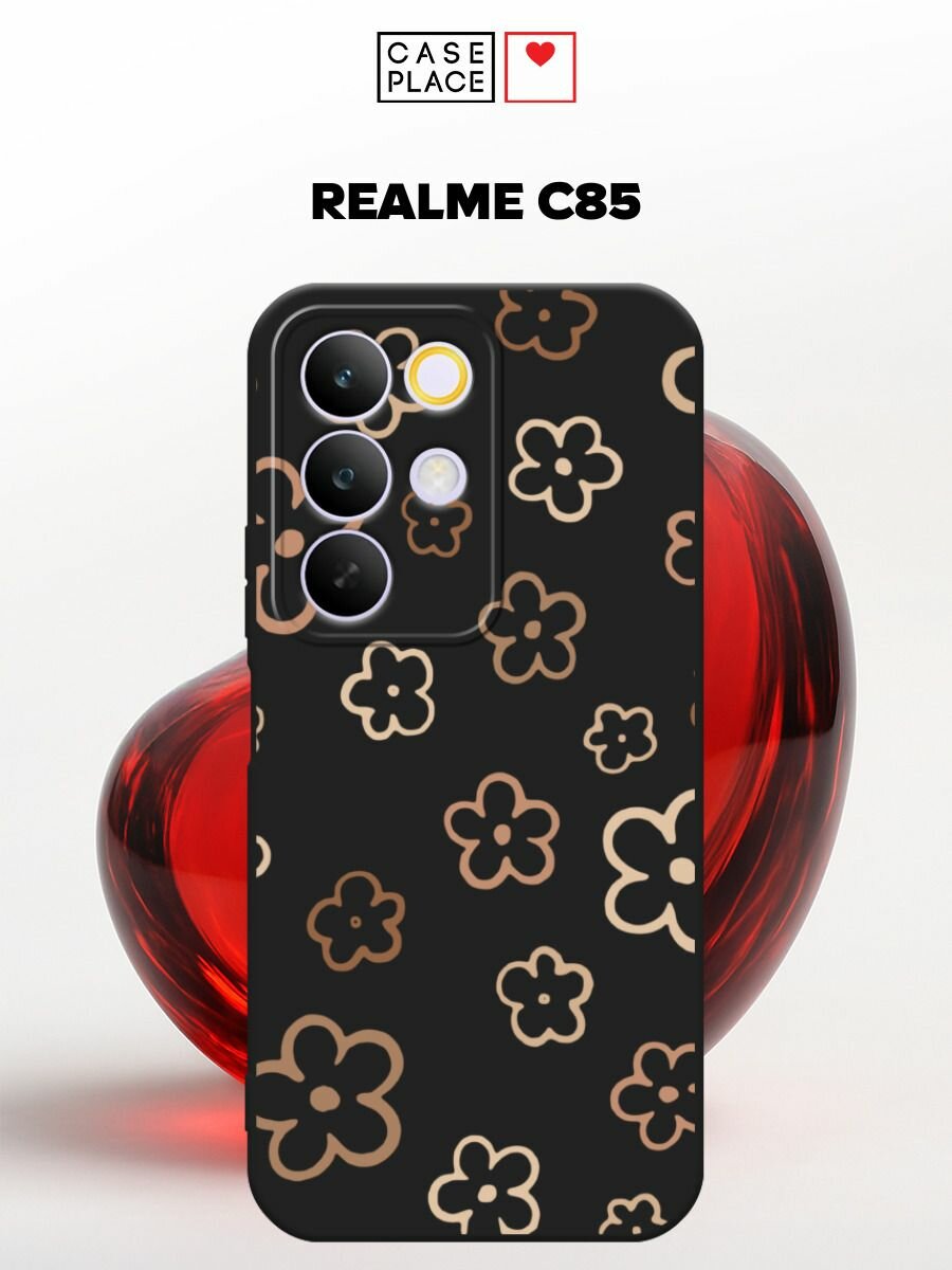 Черный матовый чехол на Realme C85 / Реалми C85 с принтом Цветы контур