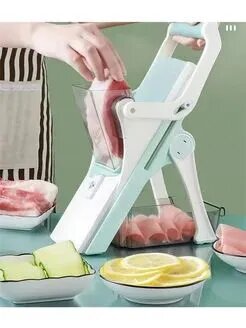 Фрукто-овощерезка ручная многофункциональная для мяса и овощей с 5 насадками, ABS пластик, синий цвет, 400мм