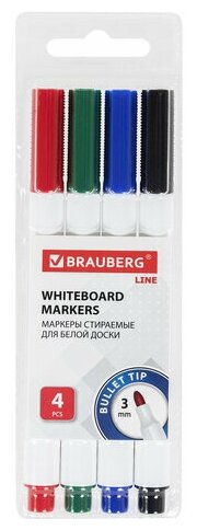 6 шт. Маркеры стираемые для белой доски набор 4 цвета, BRAUBERG "LINE", 3 мм, с клипом, 152119