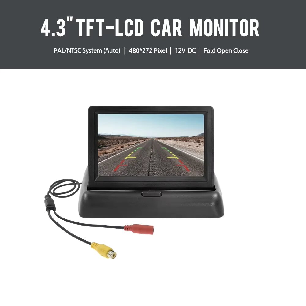 Автомобильный монитор IPS с 4,3-дюймовым TFT LCD HD-экраном, складной, с камерой заднего вида и светодиодной подсветкой для облегчения парковки. Простая установка.