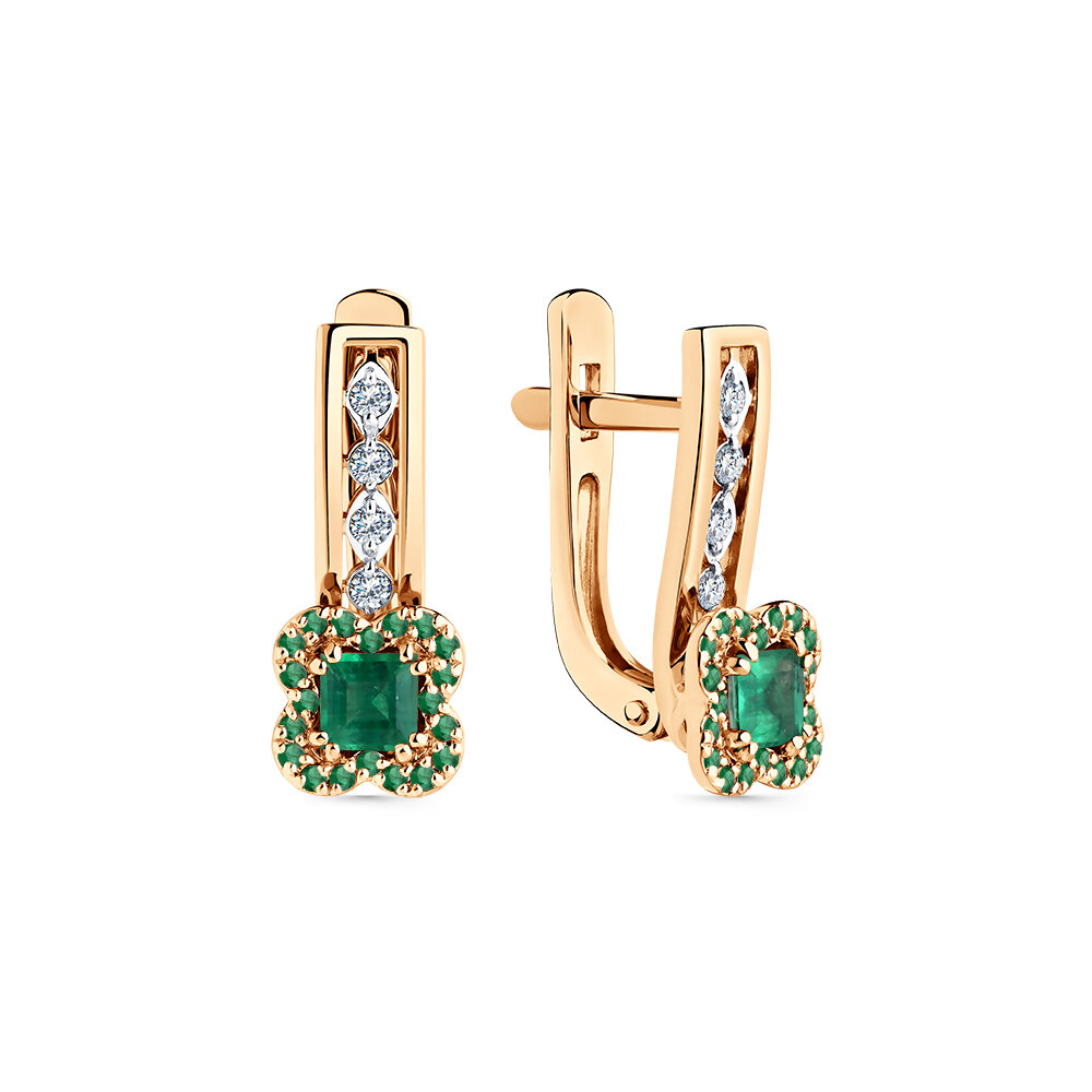 Серьги, красное золото, 585 проба, изумруд, бриллиант