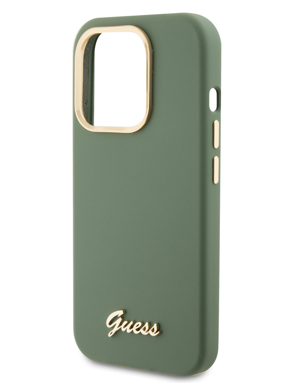 Guess для iPhone 15 Pro чехол Liquid silicone Gold metal logo & Camera frame Hard Khaki