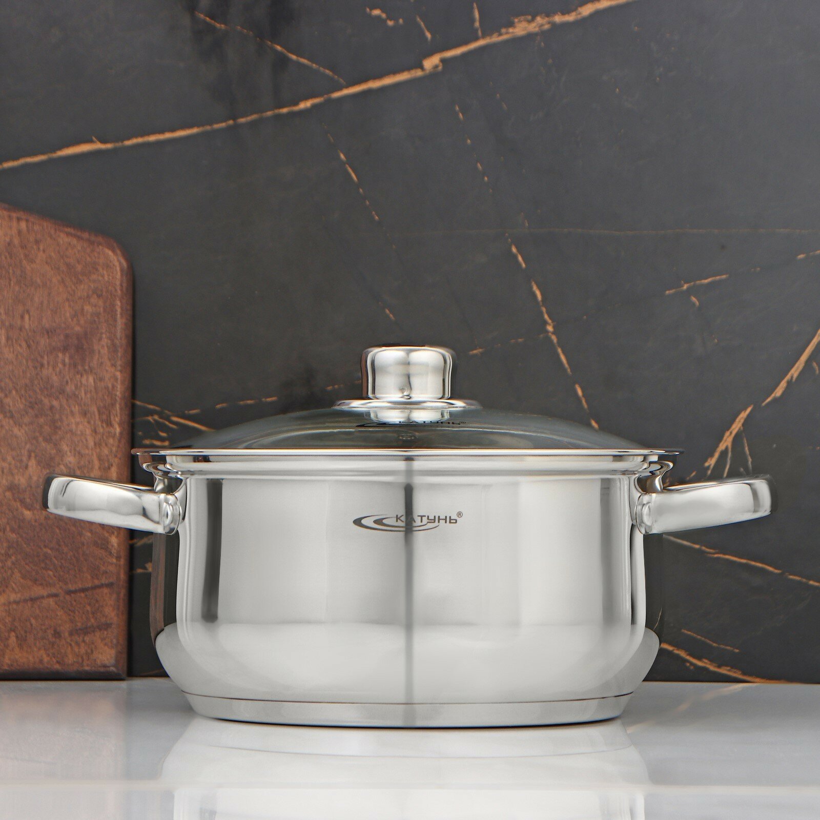 Кастрюля Катунь «Гретта», 4.2 л, d=22 см, с крышкой, капсульное дно, индукция, нержавеющая сталь, AISI - 201, хромированная