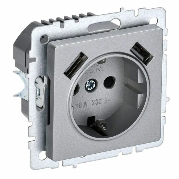 Штепсельная розетка встраиваемая IEK BRITE 16А BR-R14-16-U21-D31-K47 РЮш10-2-БрА с з/к и шторками с USB A+A 3,1А алюминий