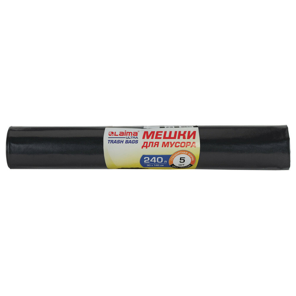 Мешки для мусора LAIMA "ULTRA", 240 л, черные, 5 шт, сверхпрочные, ПСД, 120 мкм, 90х140 см, 607698
