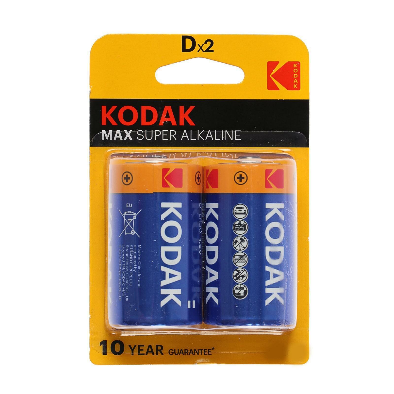 Батарейка алкалиновая Kodak Max, D, LR20-2BL, 1.5 В, блистер, 2 шт.