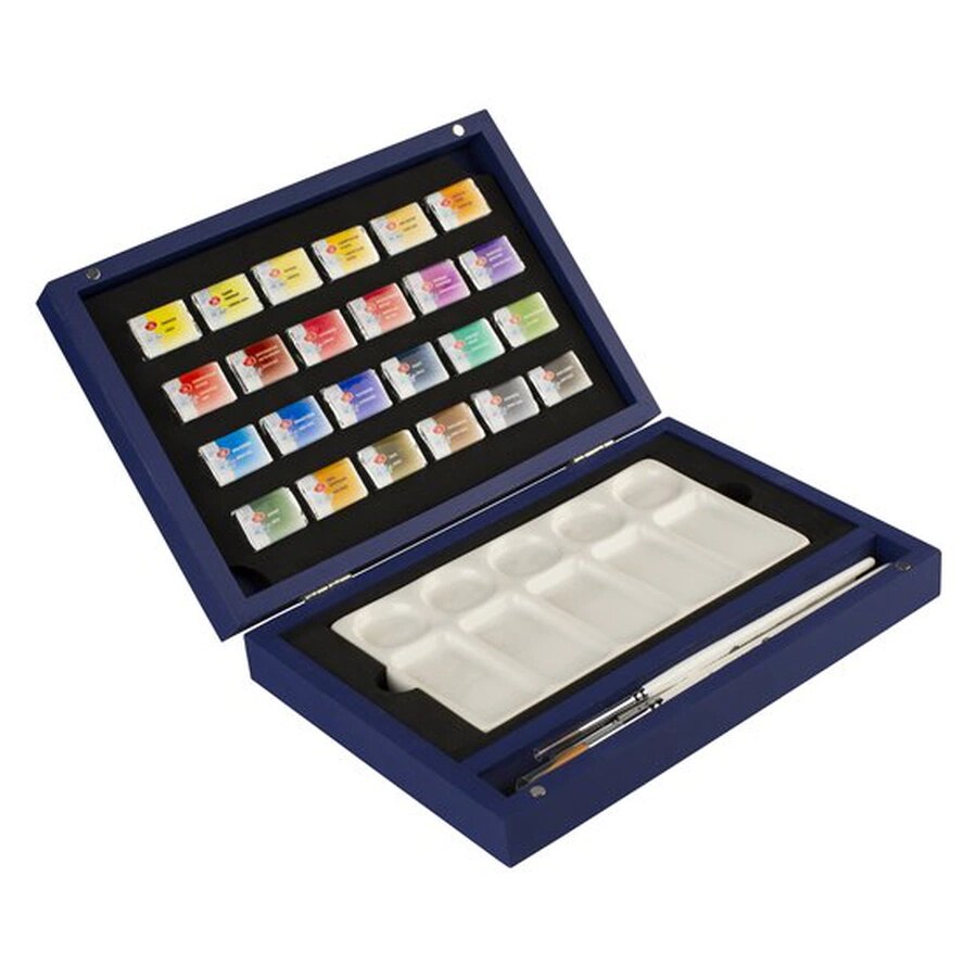 Набор акварельных художественных красок "Белые Ночи" 24 цвета в кюветах 2,5 мл с фарфоровой палитрой и кистями в синем деревянном пенале