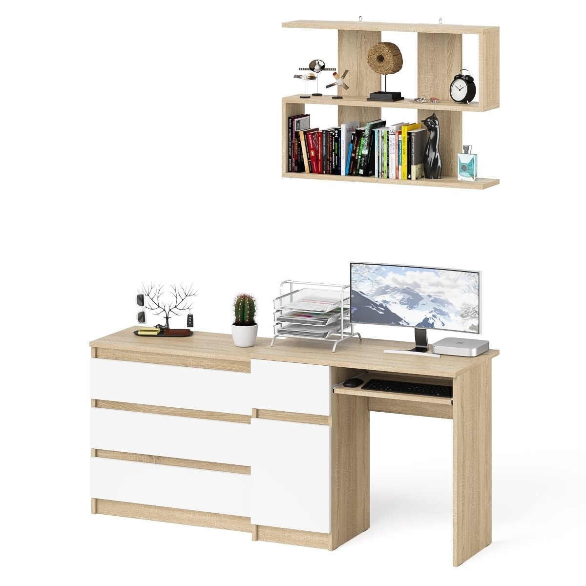 Стол компьютерный Мори МС-1 левый + Комод МК800.1 + Полка 900, цвет дуб сонома/белый
