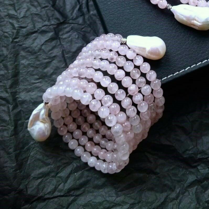Браслет, жемчуг пресноводный, кварц розовый, кварц