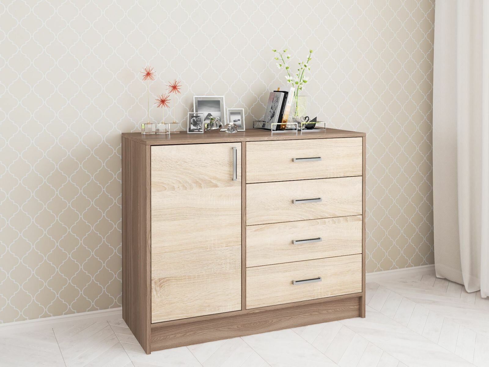 Комод большой Катрин 6, ЛДСП, Ясень Шимо/Дуб Сонома, 100х83х43 см.
