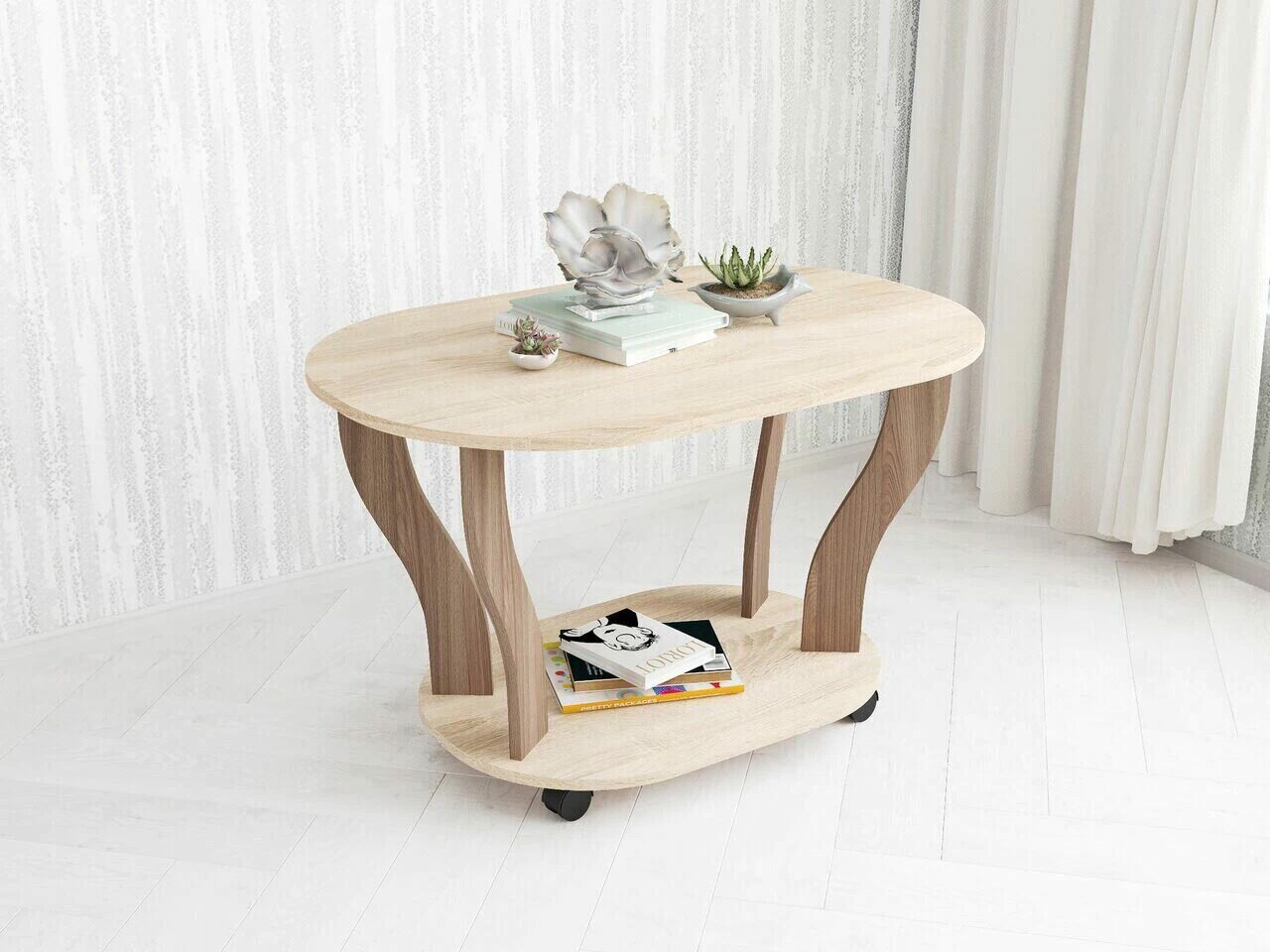 Стол журнальный «Консул-3» ЛДСП, на колесиках, дуб сонома/ясень шимо (900х600х560)