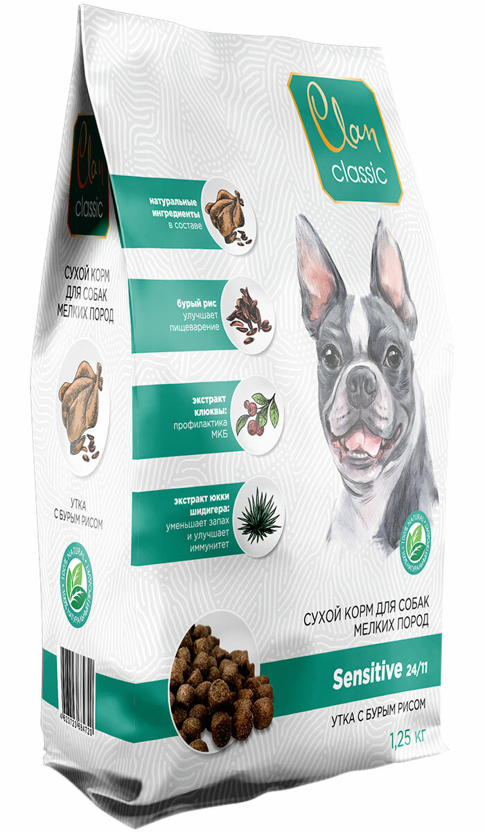 CLAN CLASSIC SENSITIVE 24/11 для взрослых собак маленьких пород с чувствительным пищеварением с уткой и бурым рисом (1,25 кг)