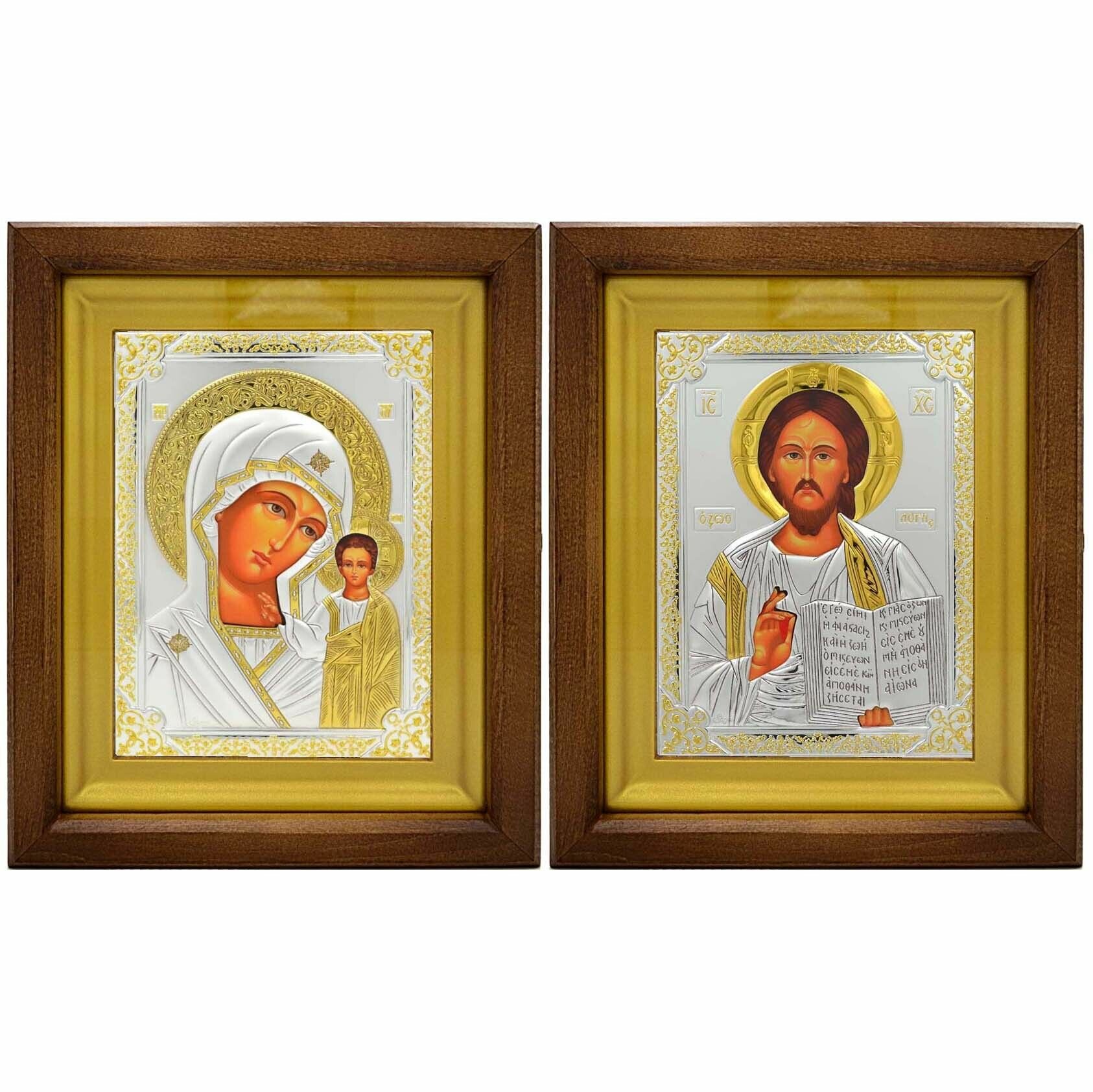 Иконы на свадьбу и венчание. Венчальная пара Казанская Божья Мать и Спаситель в окладе в киоте. (13,5 х 18,5 см / 20 х 25 х 6 см / В серебряном окладе в киоте под стеклом)