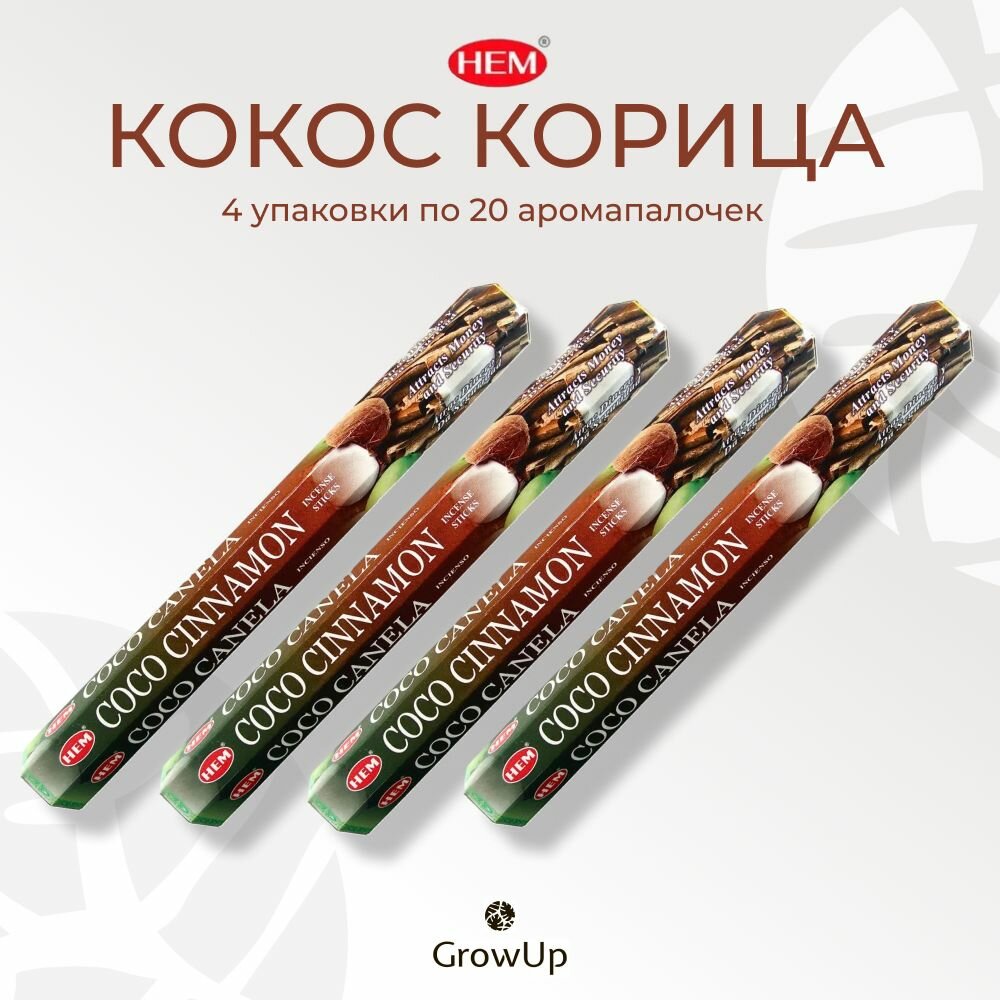 Набор HEM Кокос Корица - 4 упаковки по 20 шт, благовония для медитаций, духовных практик и йоги, Coconut Cinnamon - Hexa ХЕМ - ароматические палочки