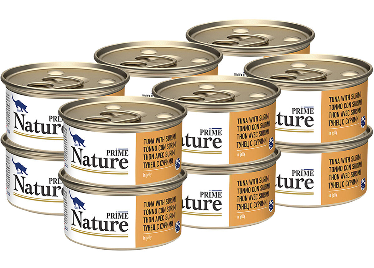 PRIME NATURE TUNA & SURIMI для взрослых кошек с тунцом и сурими в желе банка 85 гр 85 гр х 12 шт
